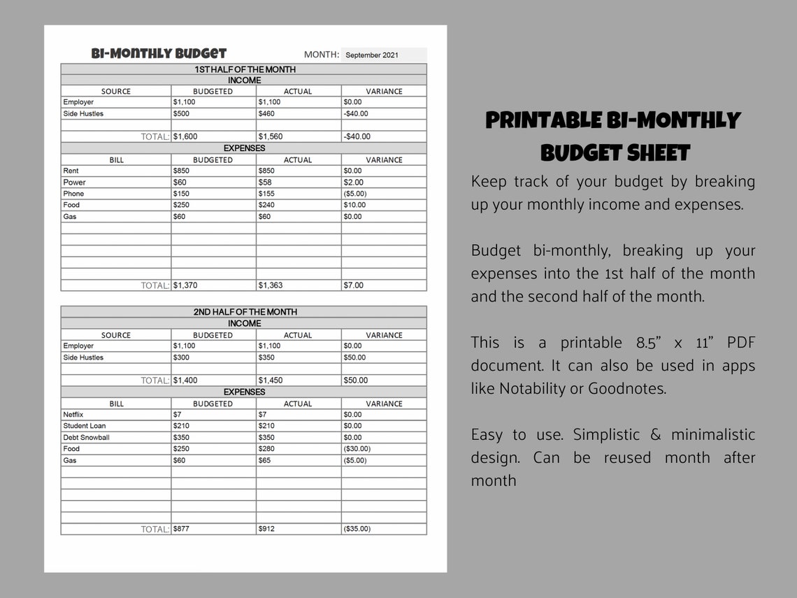 Bi Monthly Budget Sheet, Budget Printable, Monthly Budget Template ...