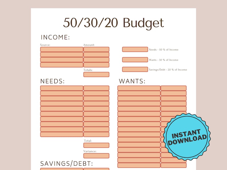 50/30/20 Budget Worksheet Fillable PDF | Etsy