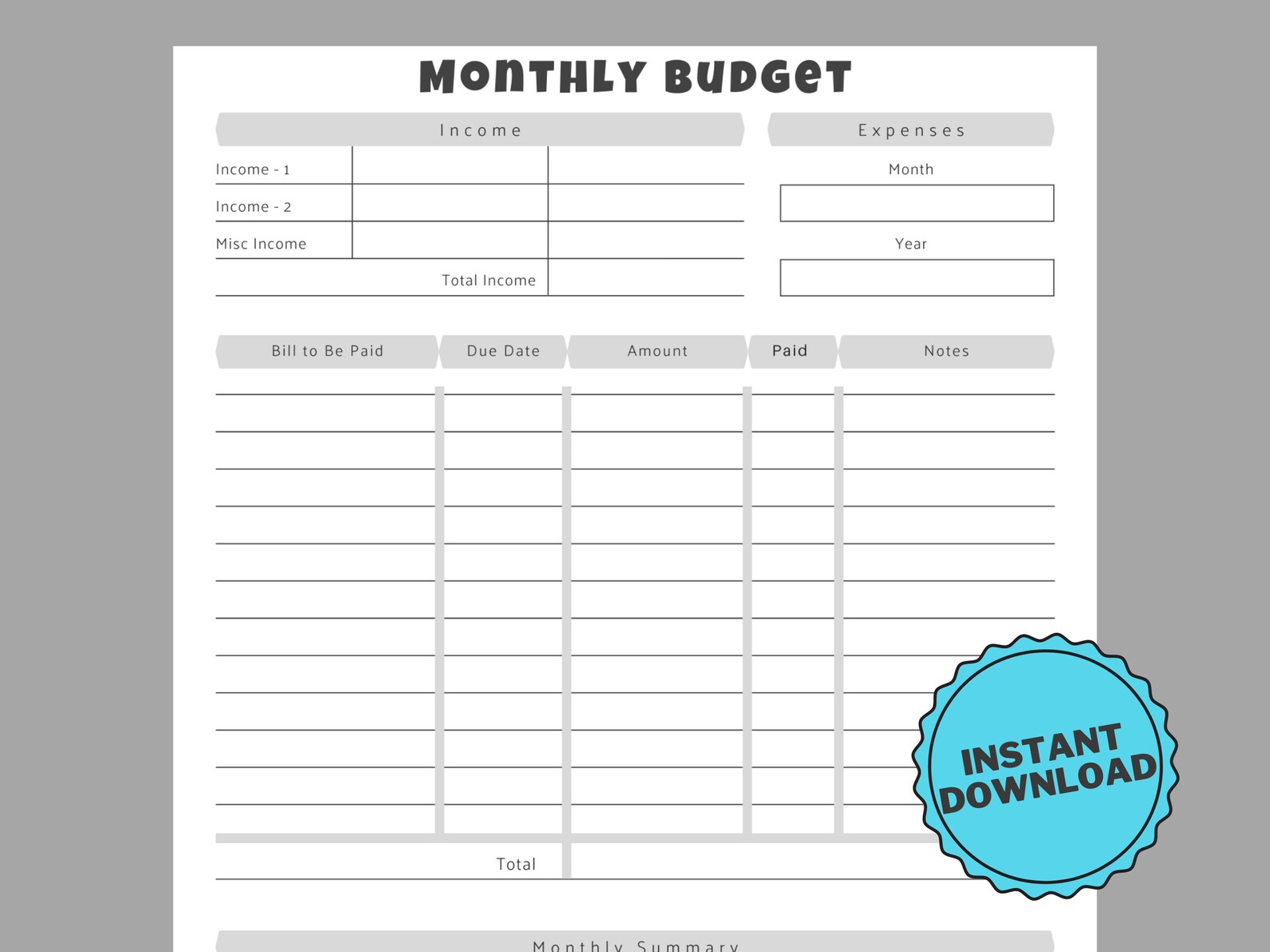 Monthly Budget Sheet, Downloadable PDF, Budget Template, Printable ...