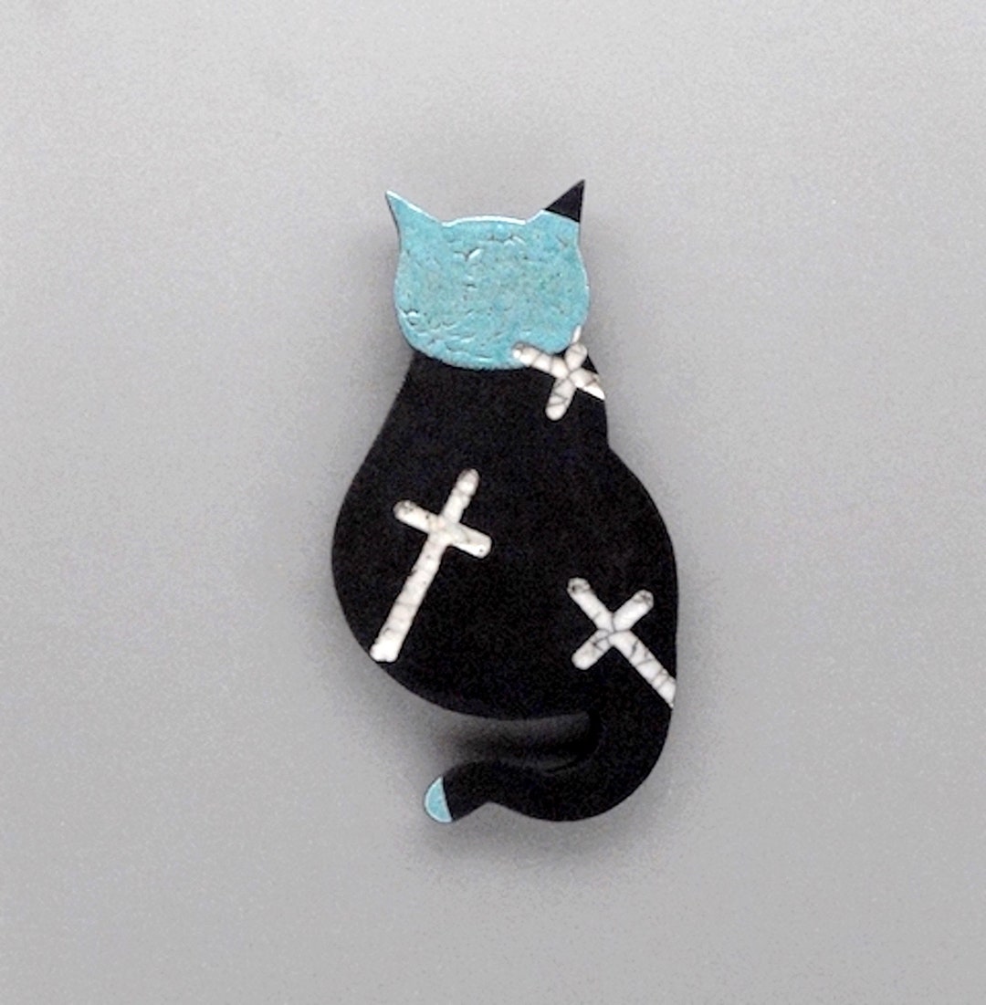Raku Ceramic Wall Sculpture, Turquoise Pottery Cat, Black, White ...