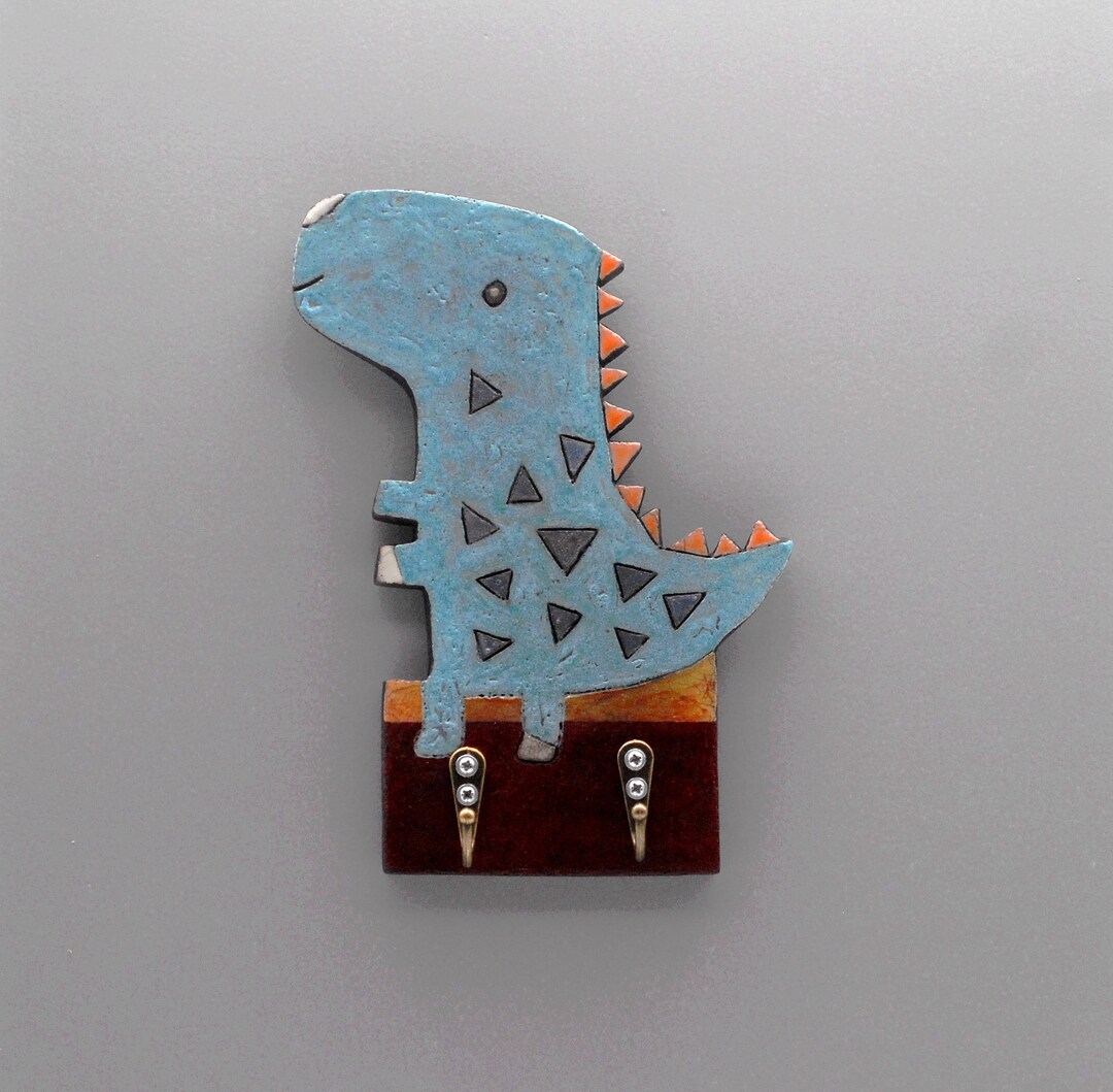 Dinosaur Sculpture on Blue Enamelled Raku Pottery Plate, Modern Décor ...