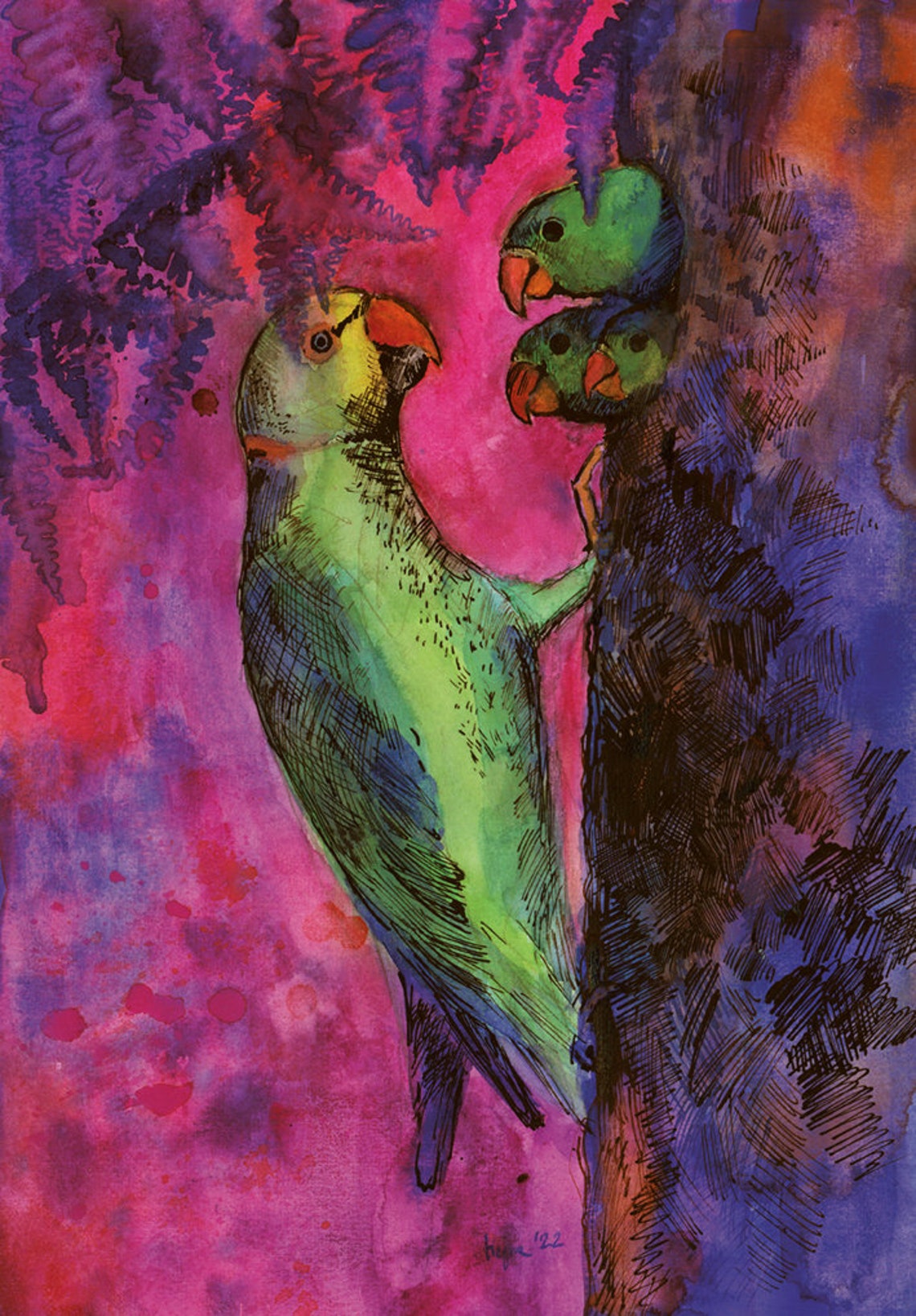 Indian Ringneck Parrots Family Poster, Birds Painting, Parrots Painting ...