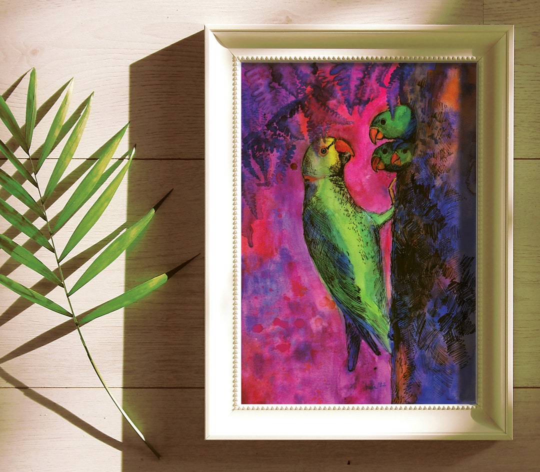 Indian Ringneck Parrots Family Poster, Birds Painting, Parrots Painting ...