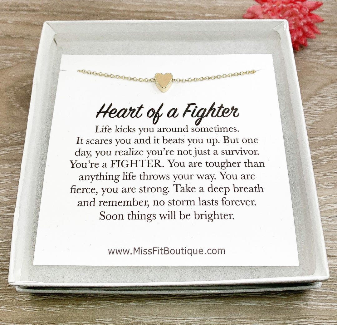 Heart of a Fighter Quote, Strength Gift, Tiny Heart Necklace, Gift for ...