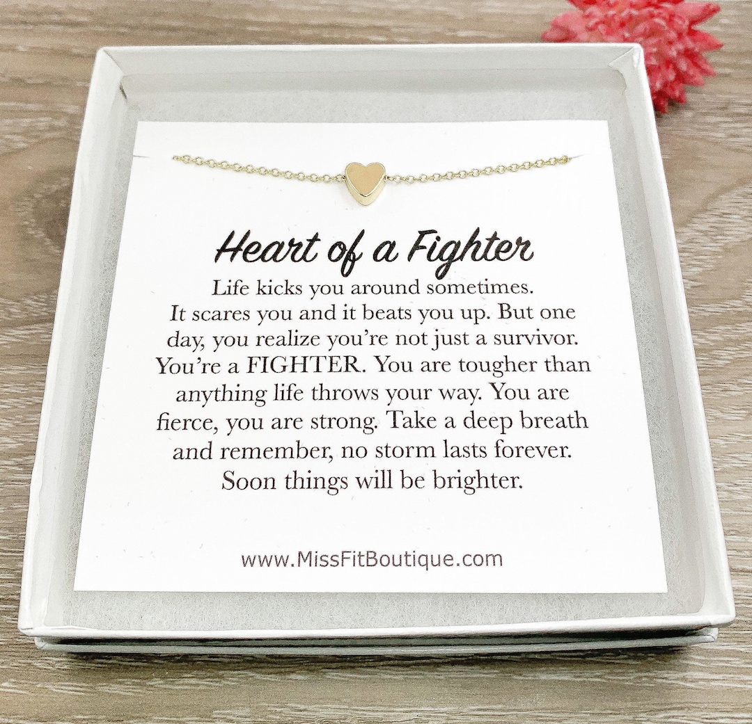 Heart of a Fighter Quote, Strength Gift, Tiny Heart Necklace, Gift for ...