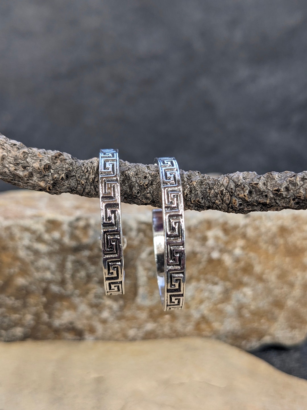 Sterling Silver Greek Key Pattern, Post Hoop Earrings, Thick Wire ...