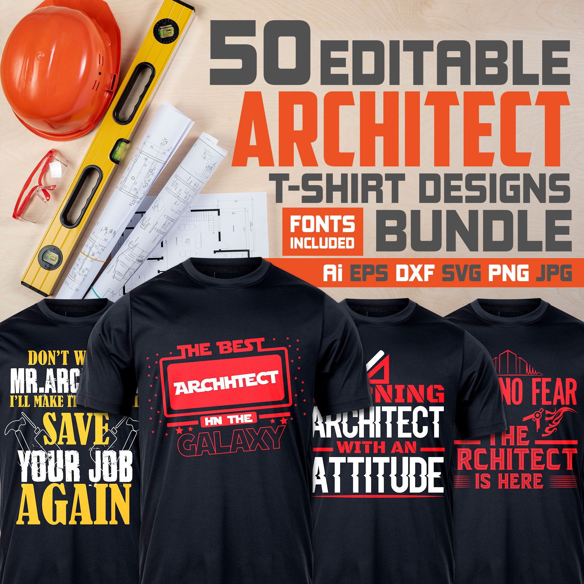 50 Editable Architect T Shirt Designs Bundle in Ai Eps Dxf Png - Etsy