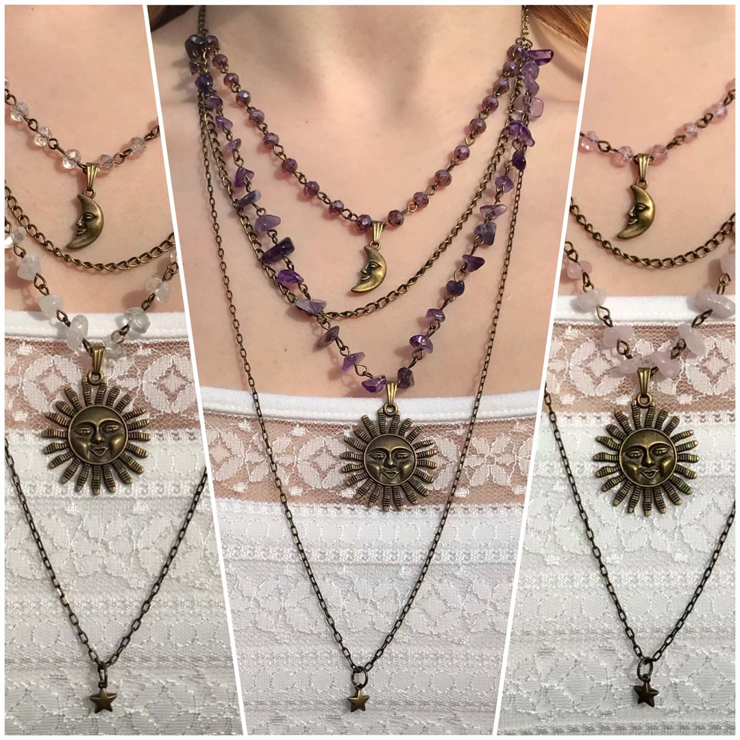 Boho Layered Crystal Necklace Set, Gemstone Chip Choker Necklace, Sun ...