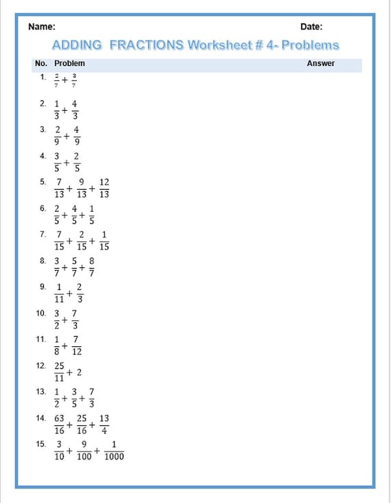 Adding And Subtracting Fractions With Answers