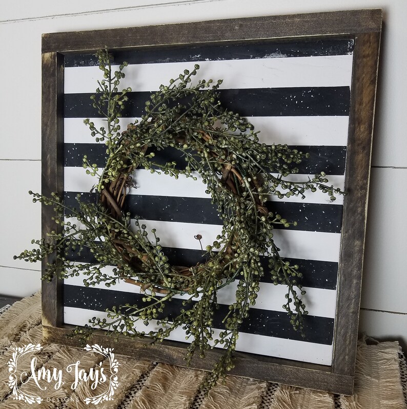 12x12 Striped Wood Sign with Wreath and Distressed Wood Frame | Etsy