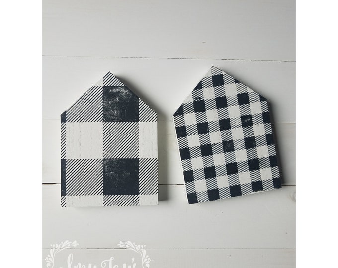 Plaid Wood Houses, Buffalo Plaid Houses, Buffalo Plaid Sign, Black and ...
