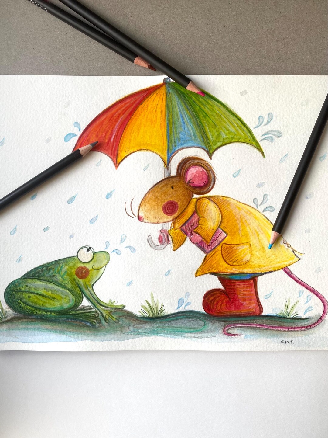 Mouse Meets Frog. Original Whimsical Watercolour and Coloured Pencil ...