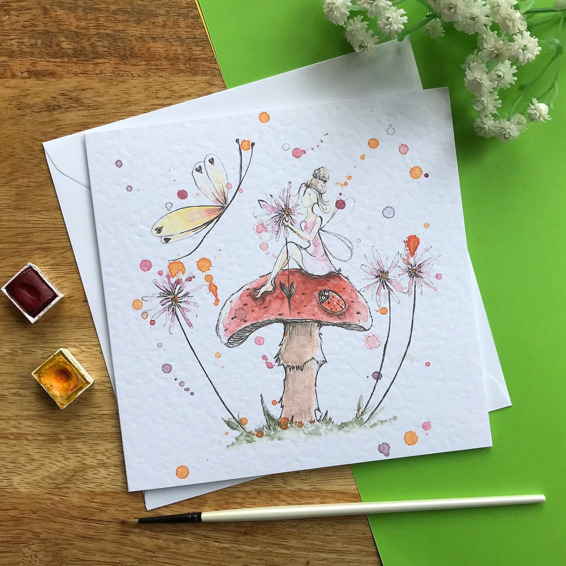 Fairy and Toadstool Birthday Card Watercolour Art Mushroom Botanical ...
