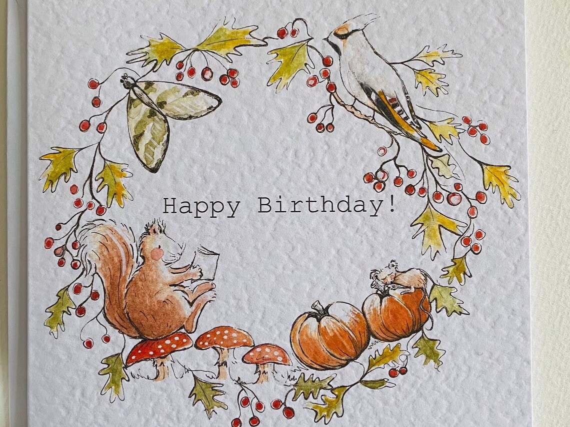 Wreath Happy Birthday Card Watercolour Art Illustrated Hawthorn Berries ...