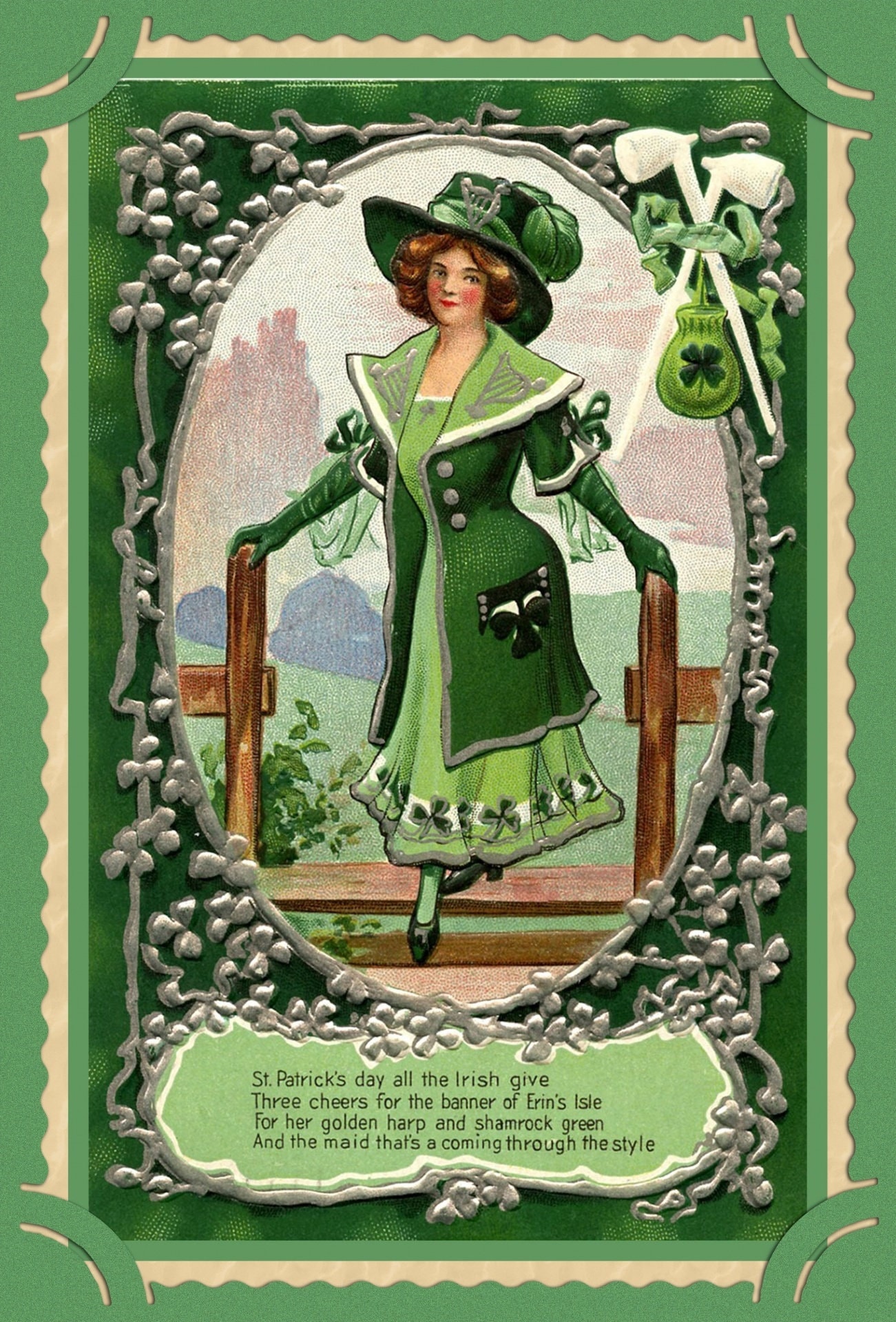 St. Patrick's Day Vintage Lady Postcard Full Coverage Cross Stitch ...