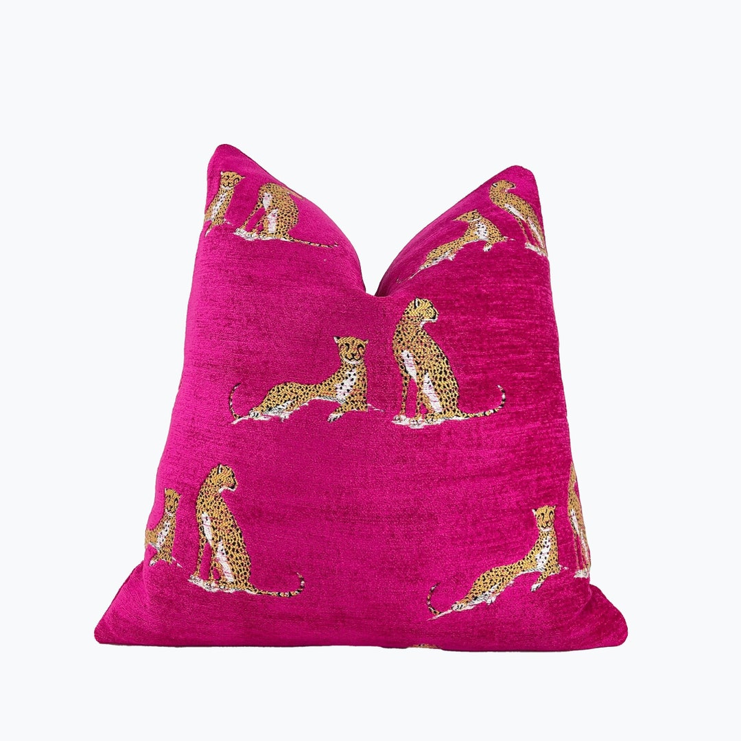Fuchsia Embroidered Cheetah Throw Pillow Cover | Hot Pink Chenille ...