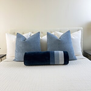 Navy Blue Velvet Bolster With 3 Shades Blue Trim | Blue Velvet Round ...