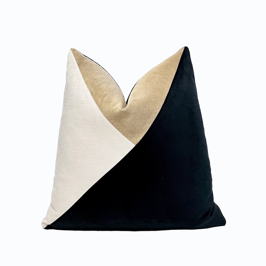Black Color Block Velvet Throw Pillow Cover | Geometric Black Cream and ...