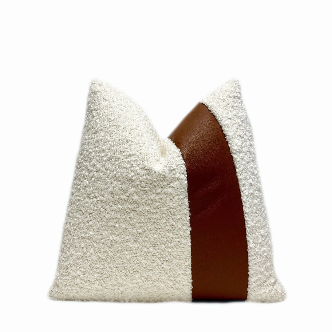 Off White Boucle Brown Faux Leather Throw Pillow Cover | Boucle Leather ...
