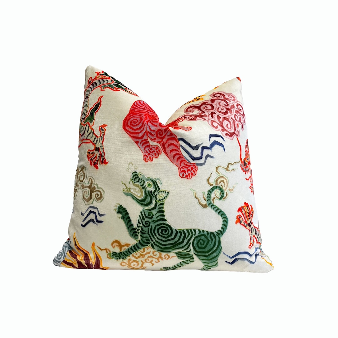 Colorful Asian Chinoise Velvet Pillow Cover | Colorful Dragons and ...