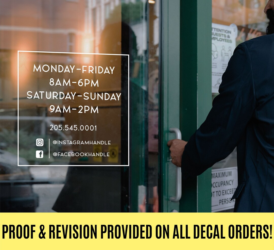 Custom Storefront Window Sticker | Business Hours | Vinyl Decal for ...