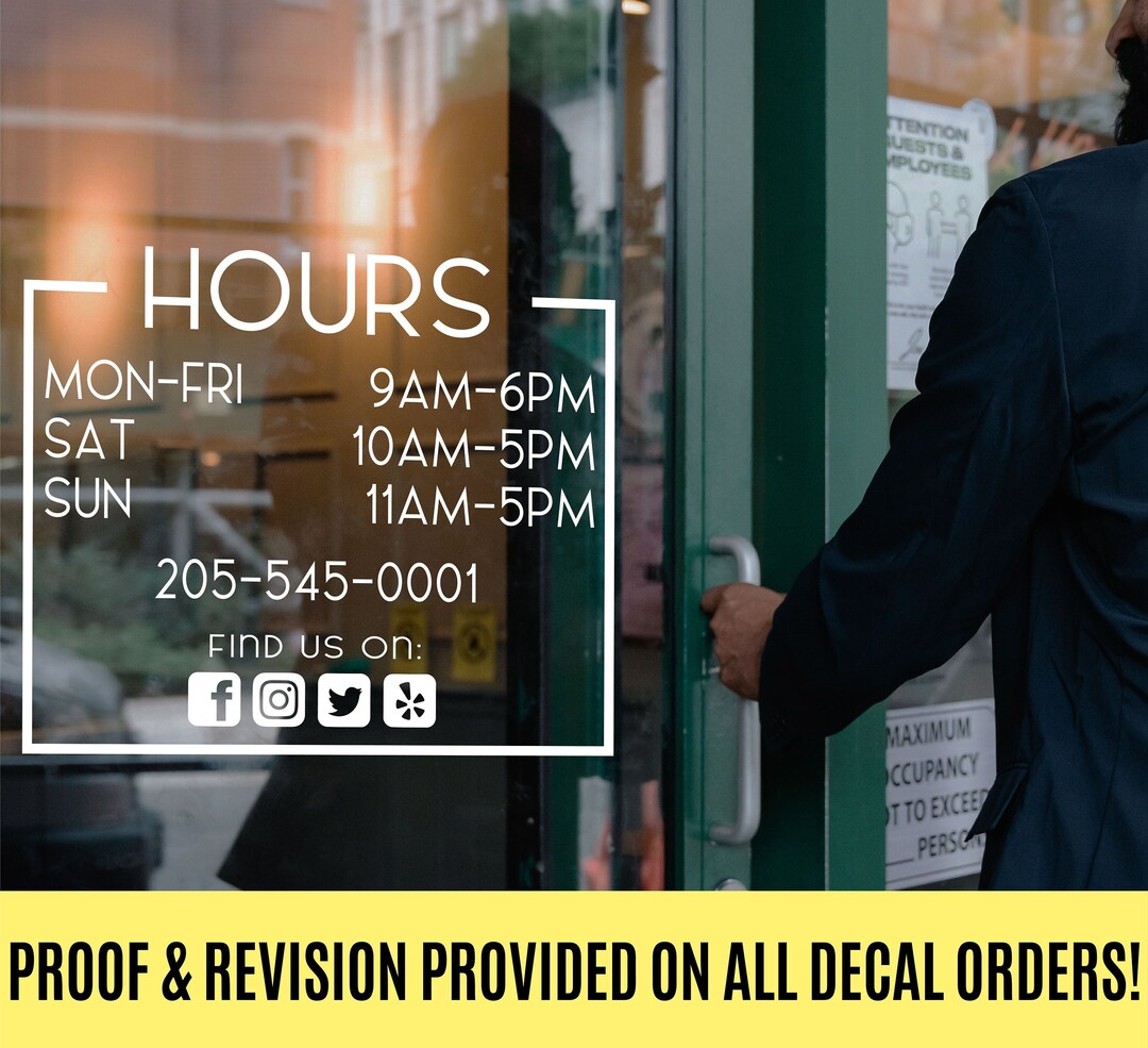 Custom Storefront Window Sticker | Business Hours | Vinyl Decal for ...