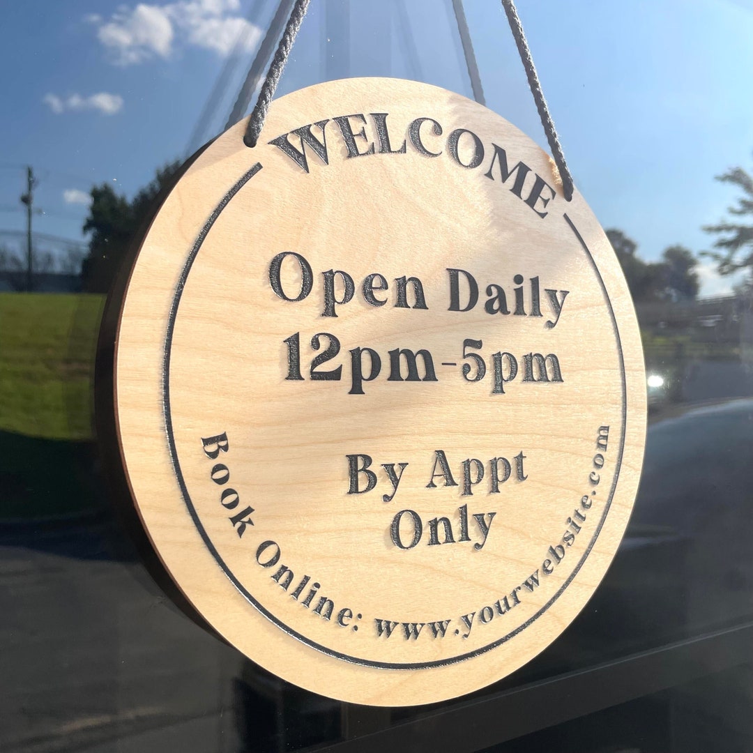 Storefront Business Hours Circular Engraved Wood Sign for Store ...