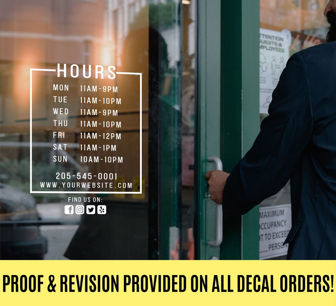 Custom Storefront Window Sticker | Business Hours | Vinyl Decal for ...