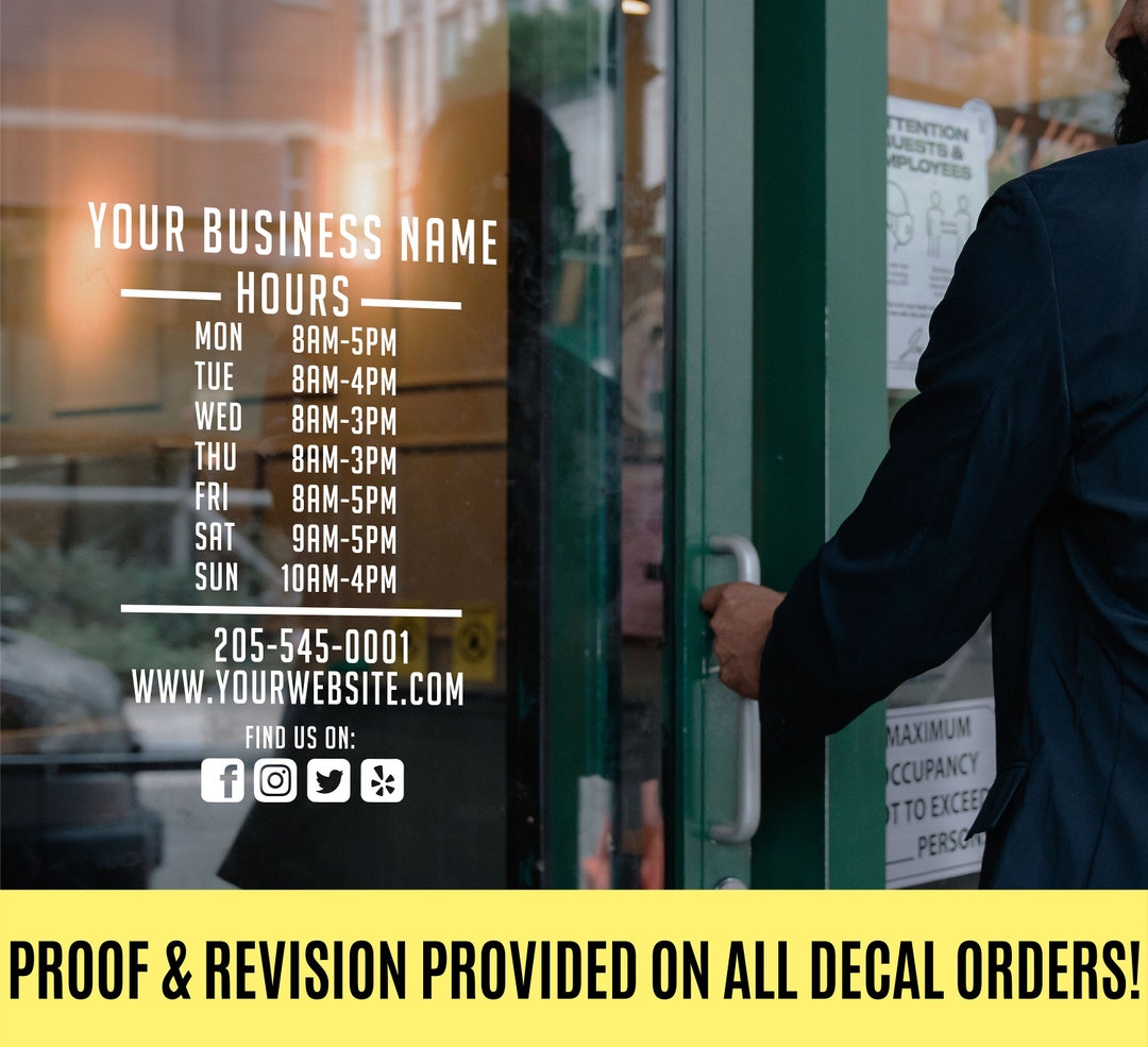 Custom Storefront Window Sticker | Business Hours | Vinyl Decal for ...