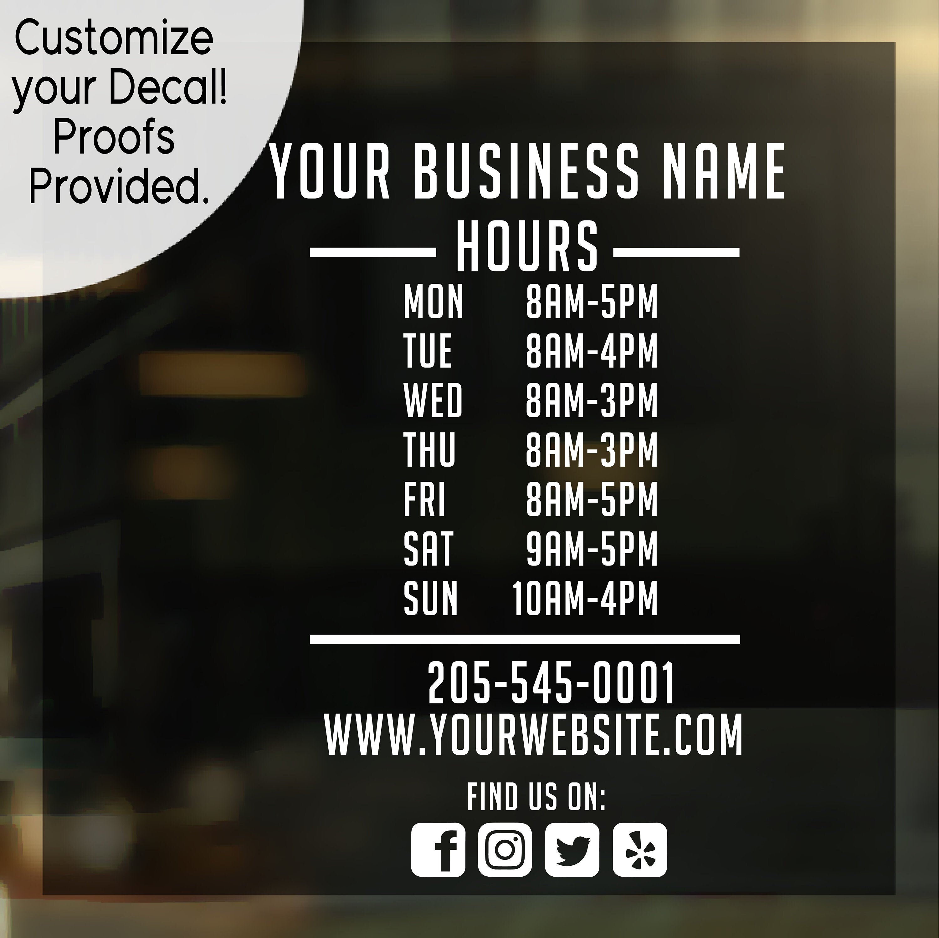 Business Hours Vinyl Decal for Store Front | Etsy
