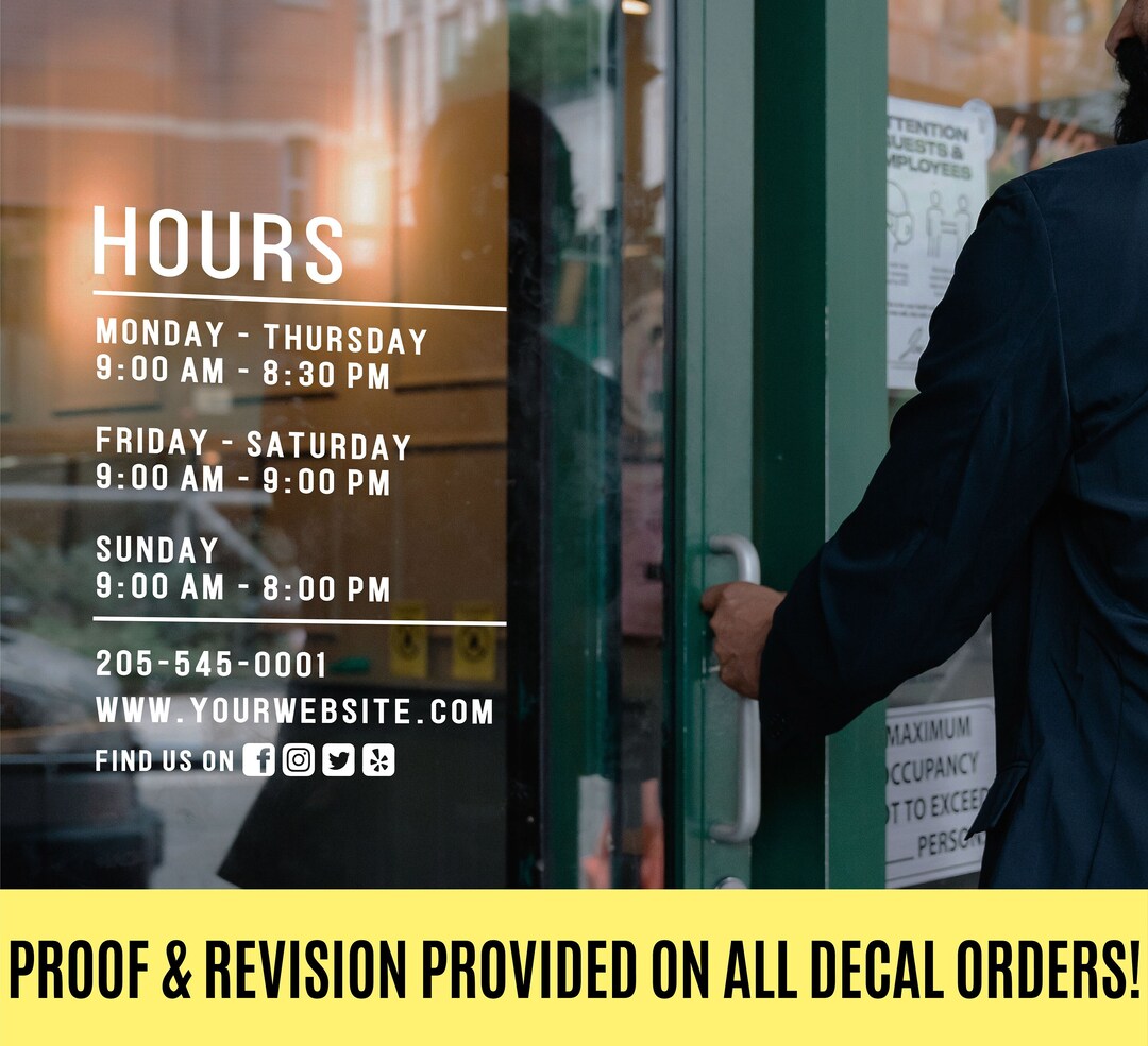 Custom Storefront Window Sticker | Business Hours | Vinyl Decal for ...
