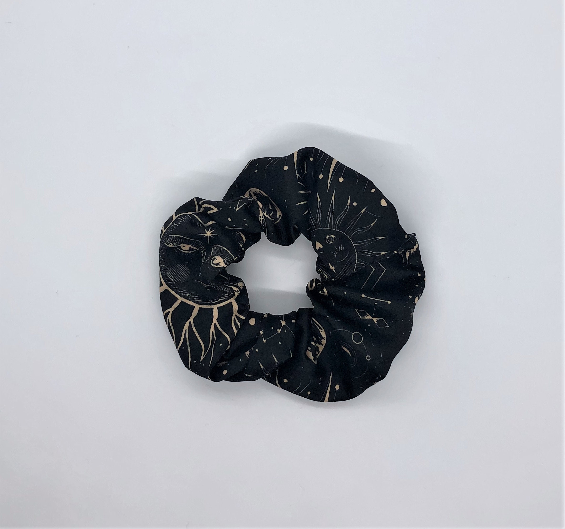 Black and Gold Celestial Detailed Handmade Satin Silk Scrunchie, Medium ...