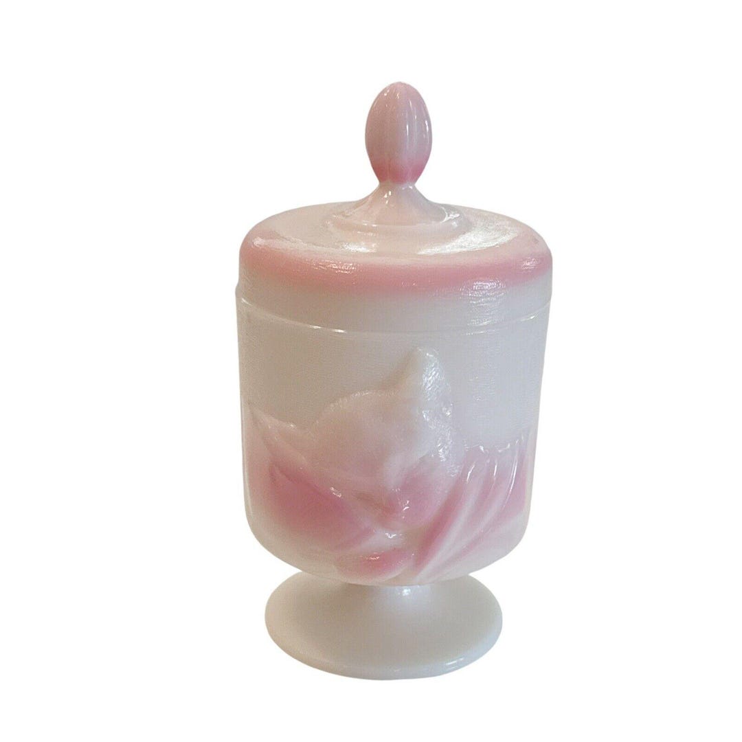 FENTON Rosalene PINK Opaque Milk Glass CHESSIE Cat Covered Candy Jar - Etsy