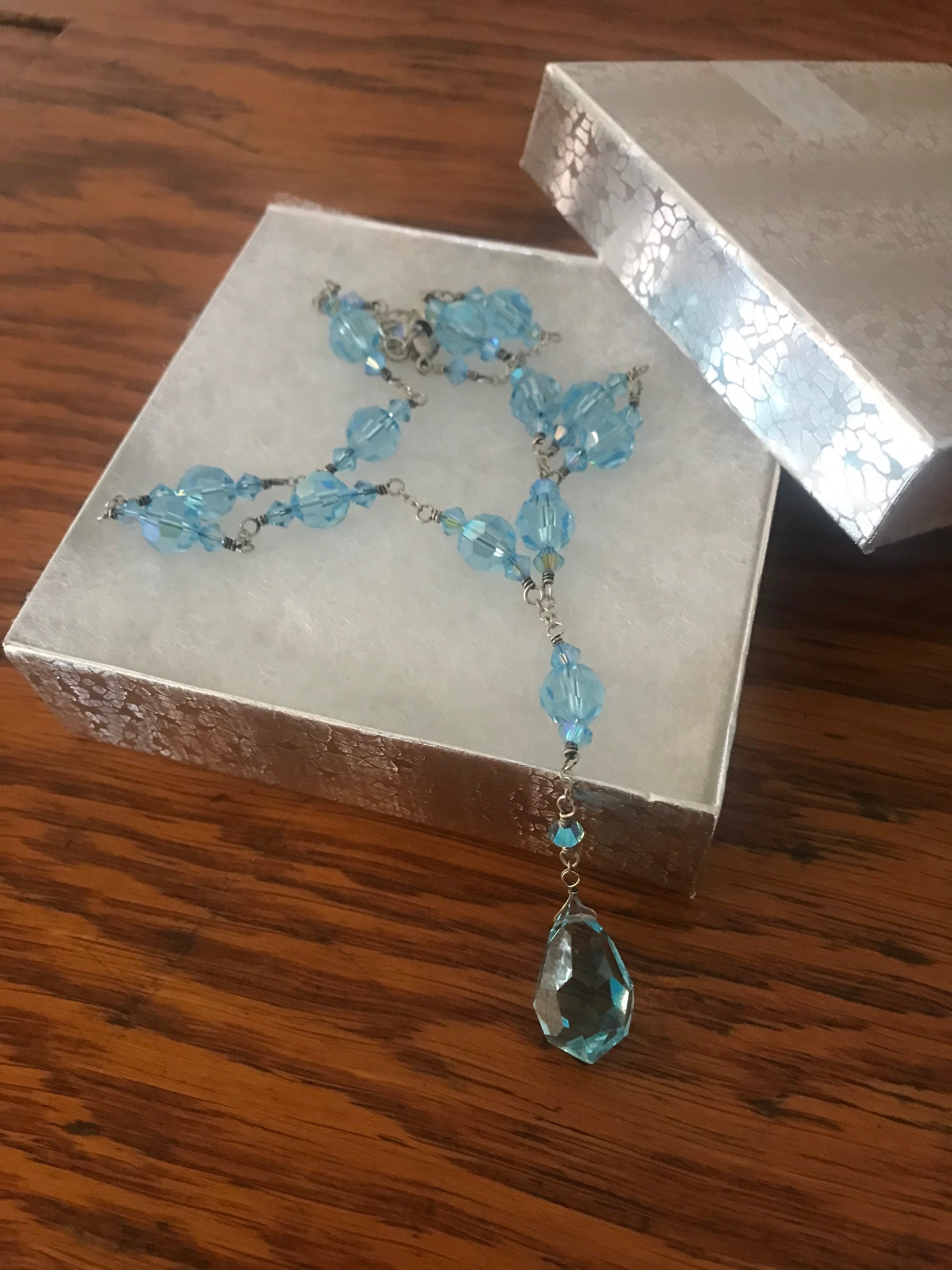 Antique Art Deco Aqua Rock Crystal Pendant Necklace Set in Sterling ...