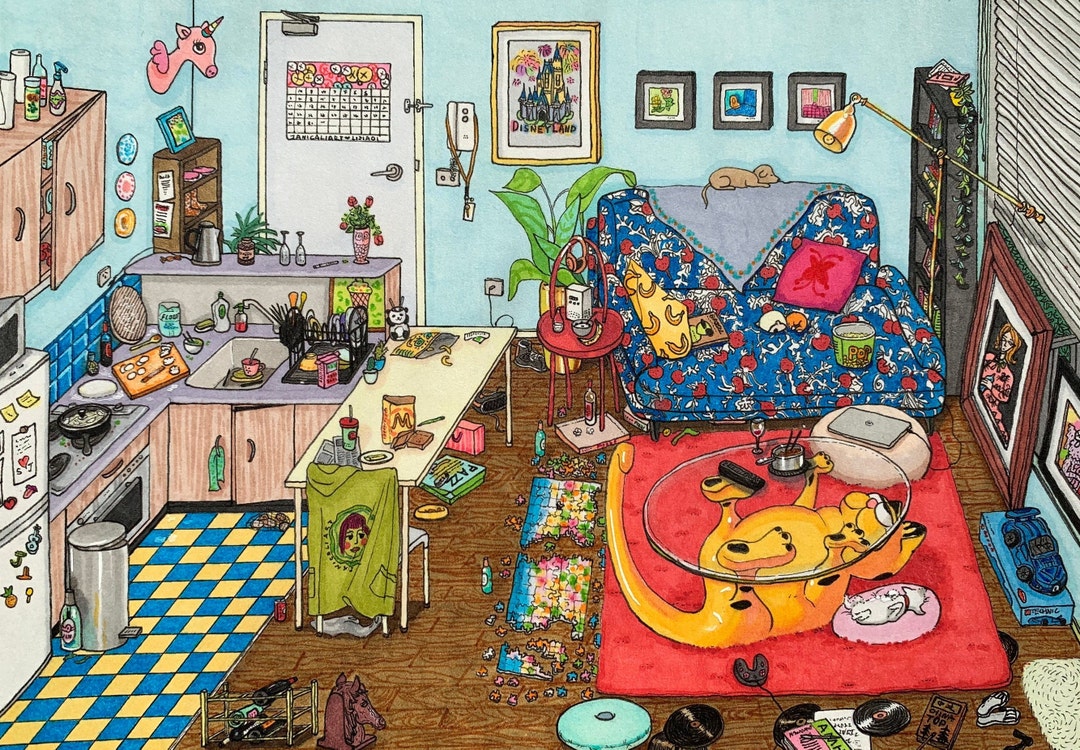 Busy Apartment - Illustration Print | Vintage Apartment Decor ...