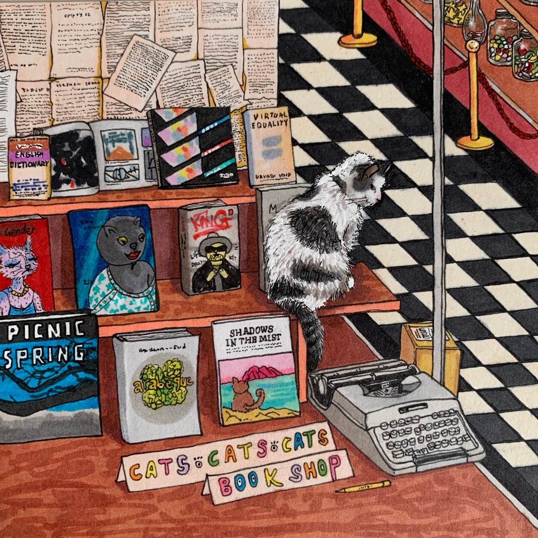 Cat Bookshop - Original Artwork | Cat Illustration - Etsy