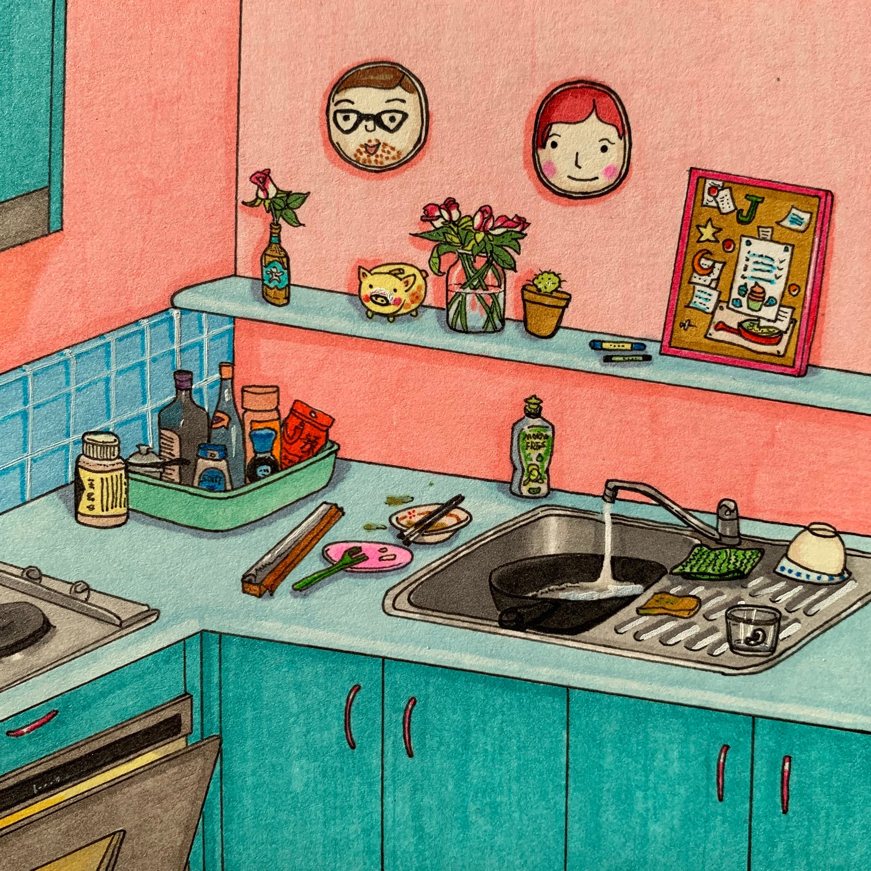 Time to Do the Dishes Illustration Print Kitchen Wall Art Original Art ...