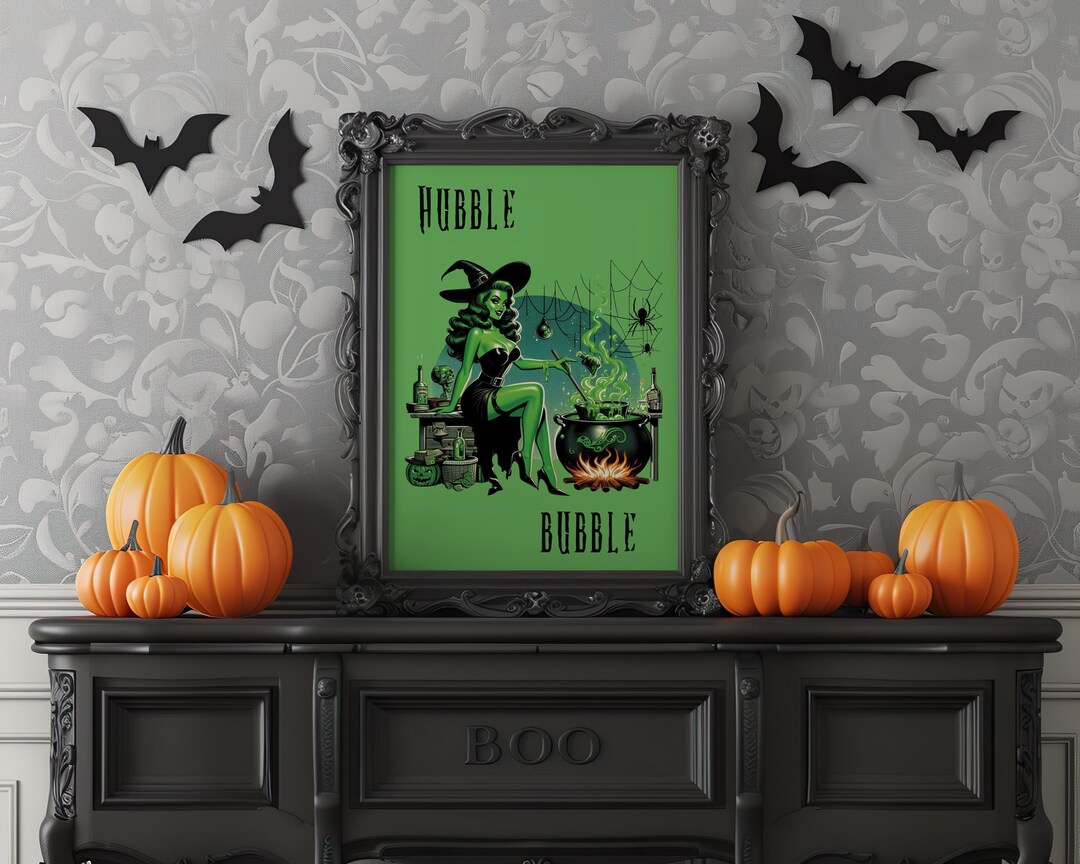 Vintage Halloween Pin up Girl Poster: Retro Witch Art Print (digital ...