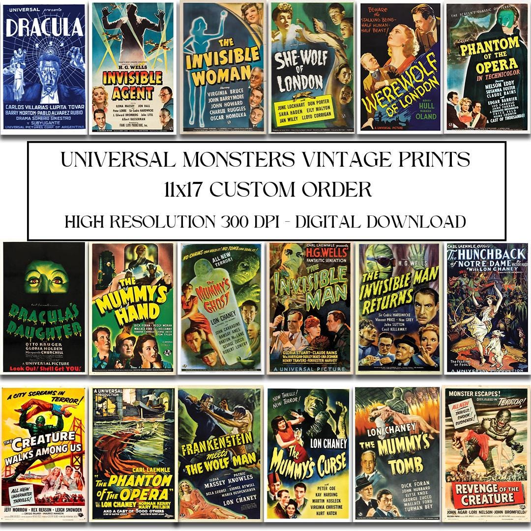 Universal Monsters Vintage Poster Bundle | 37 Custom Order 11x17 Inch ...