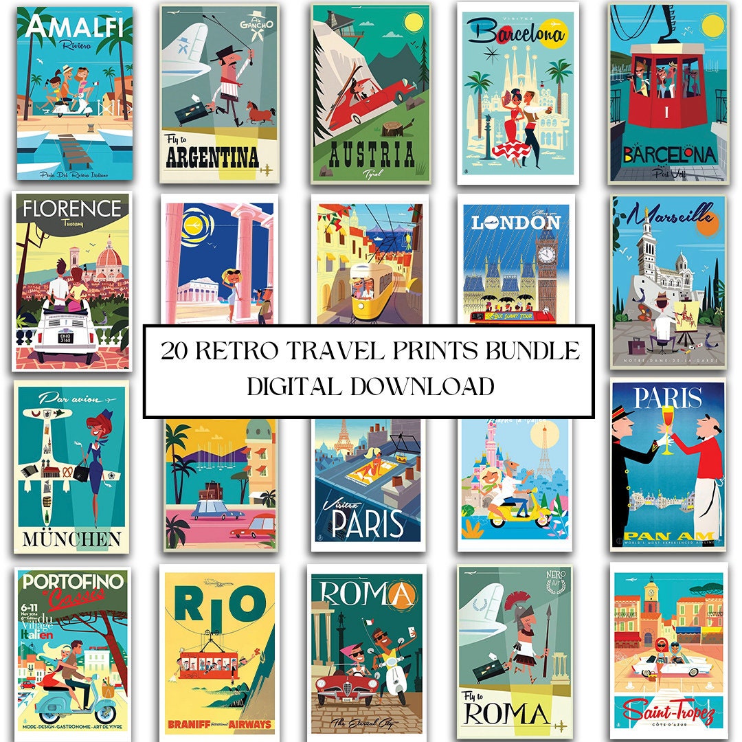 Retro Vintage Travel Poster Bundle | 20 Mid-century Travel Prints ...
