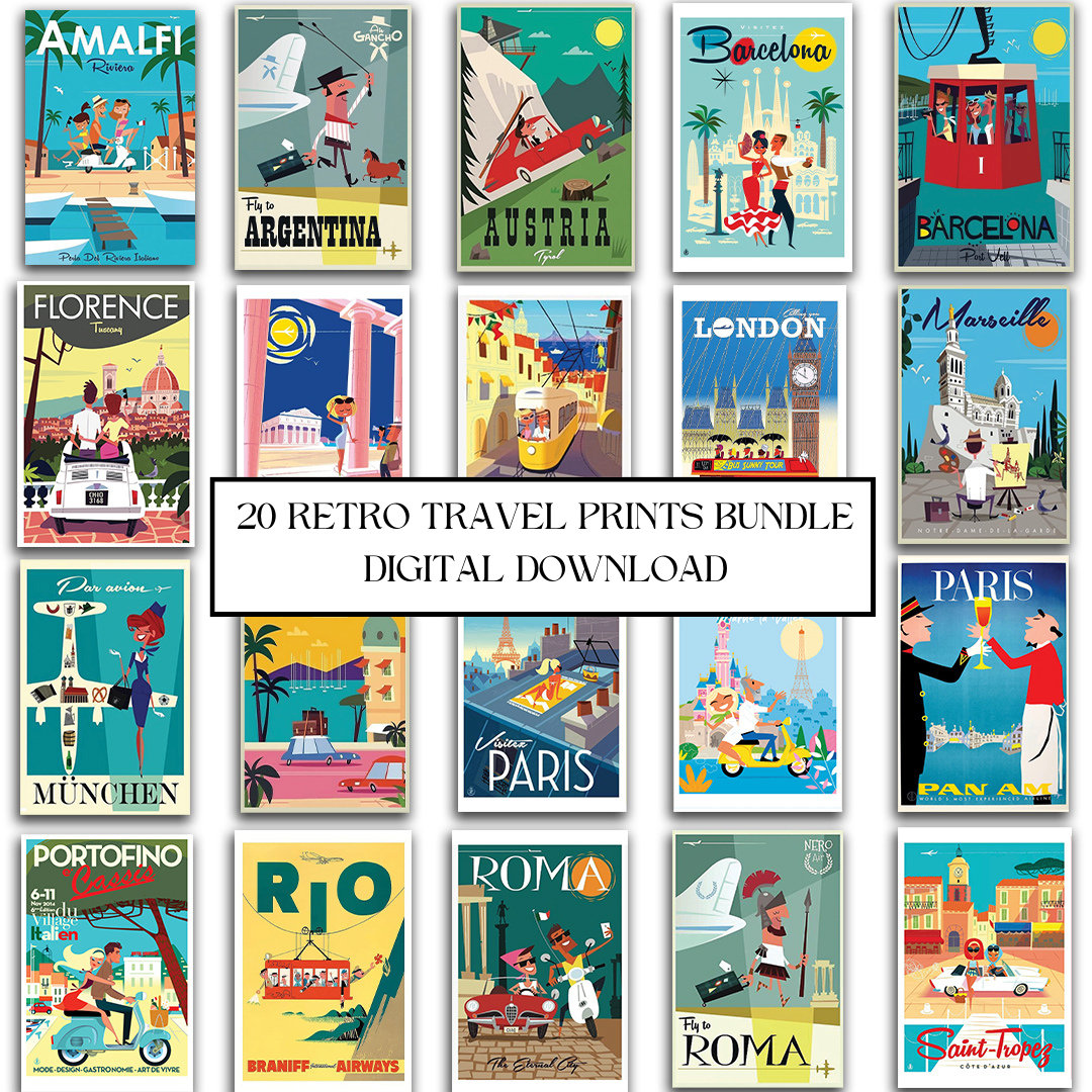 Retro Vintage Travel Poster Bundle | 20 Mid-century Travel Prints ...
