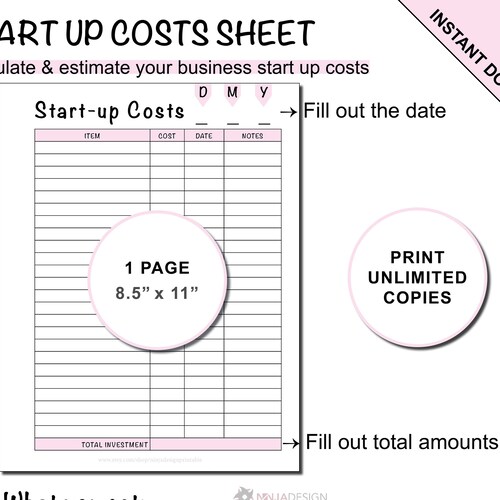 Printable Start up Cost Sheet for Business - Etsy