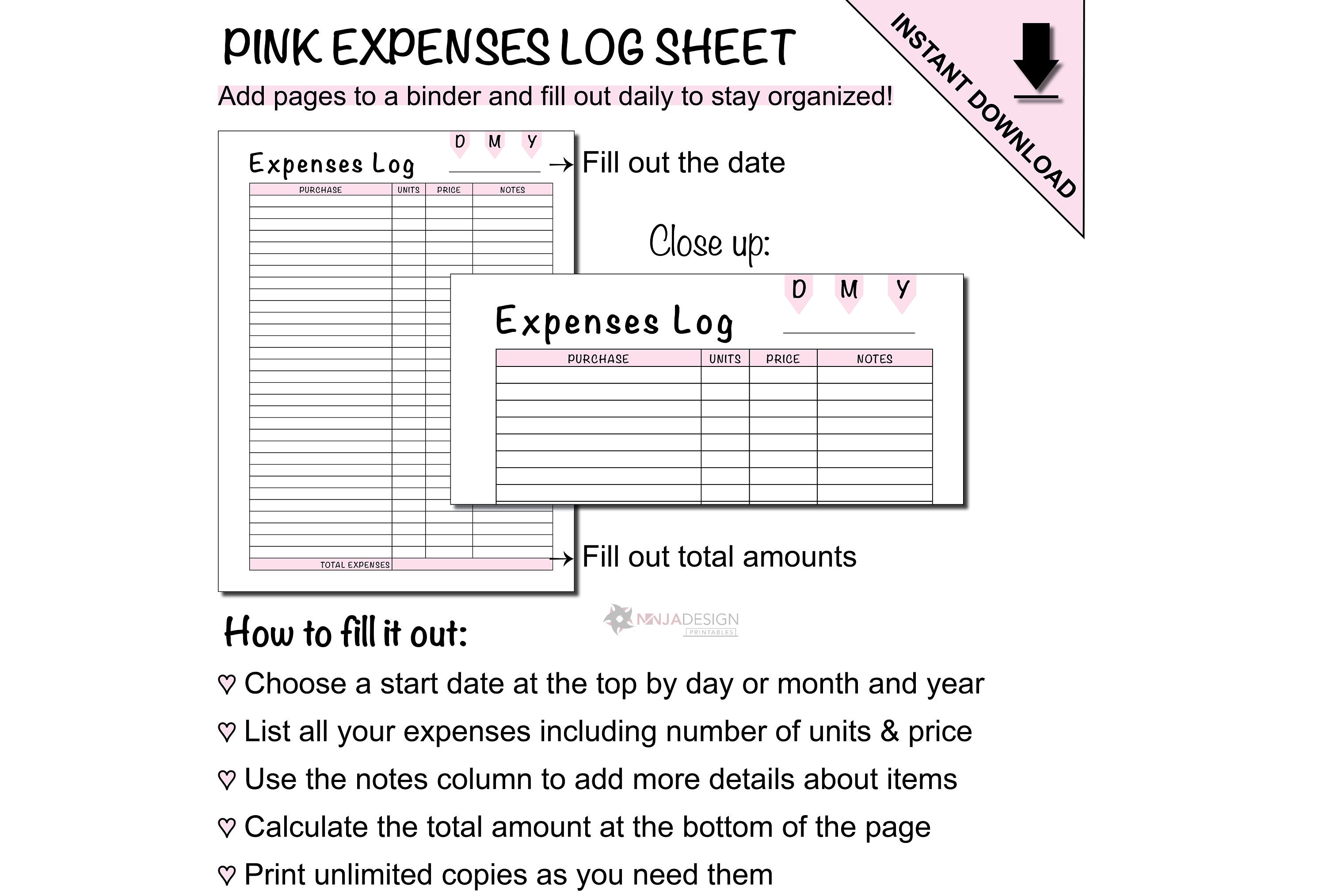 Printable Pink Expenses Log Sheet to Track Small Business Expenses - Etsy