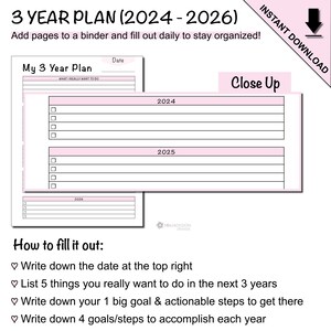 Printable 3 Year Goal Planning Template for 2024 to 2026 Plus Blank ...