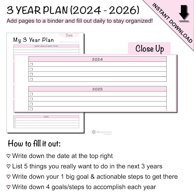 Printable 3 Year Goal Planning Template for 2024 to 2026 Plus Blank ...