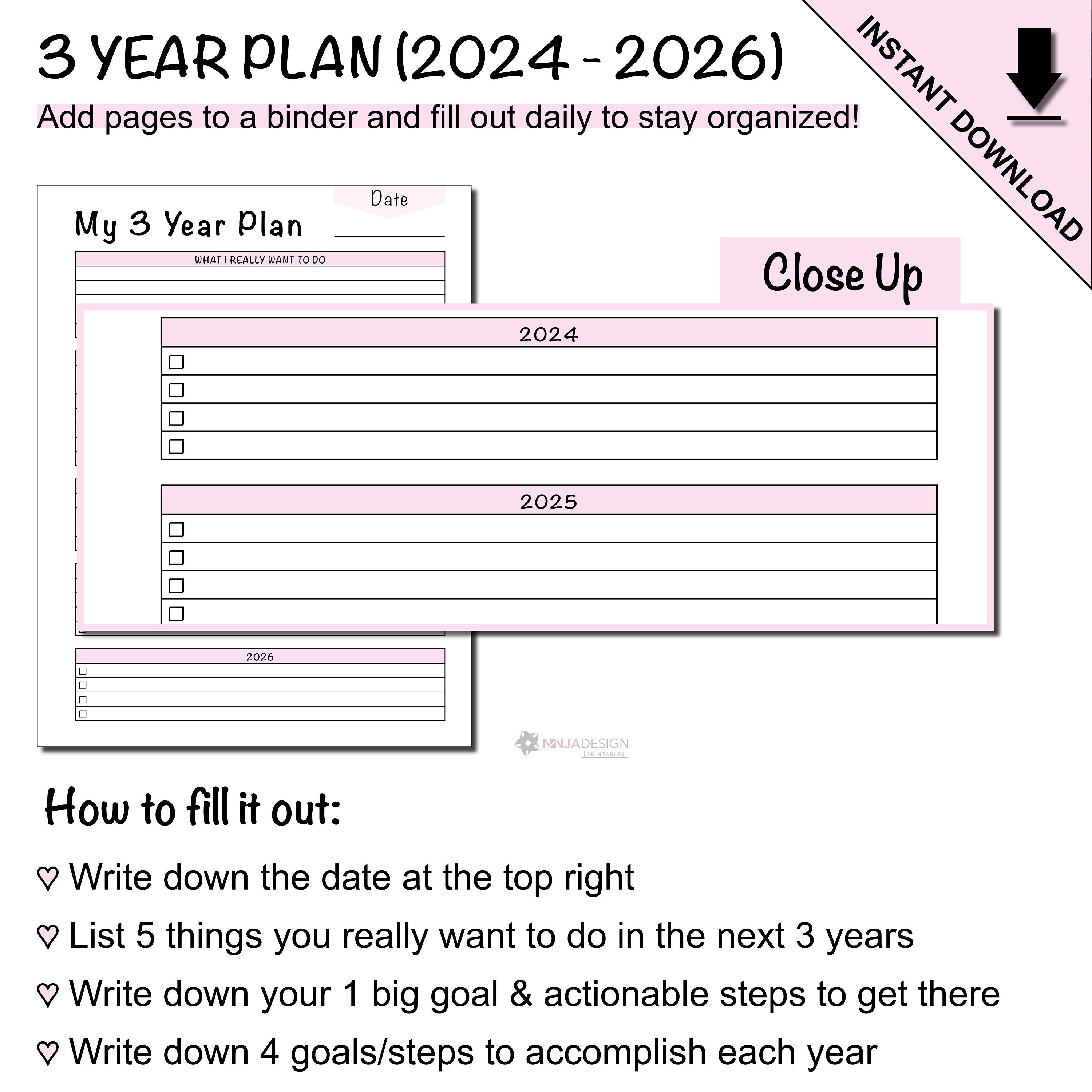 Printable 3 Year Goal Planning Template for 2024 to 2026 Plus Blank ...