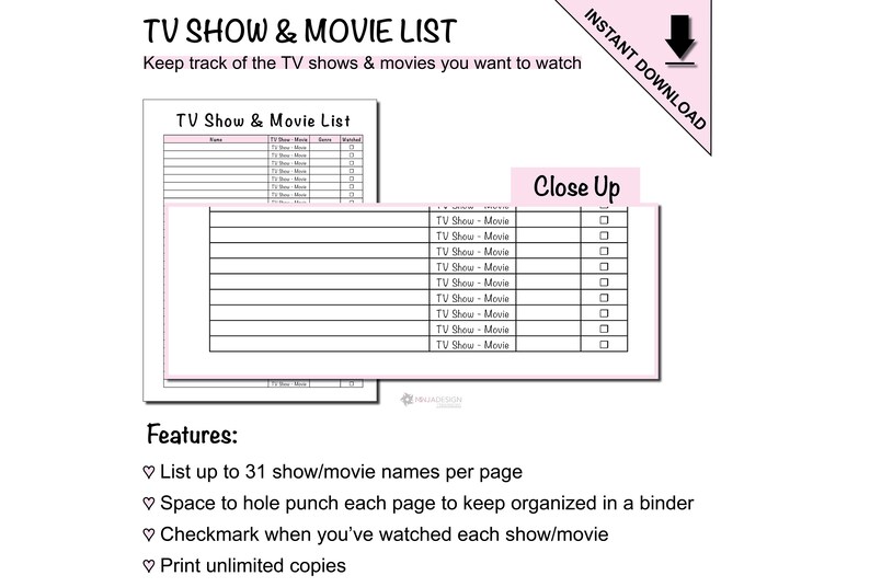 Printable TV Show and Movie List Tracker for Shows and Movies You Want ...