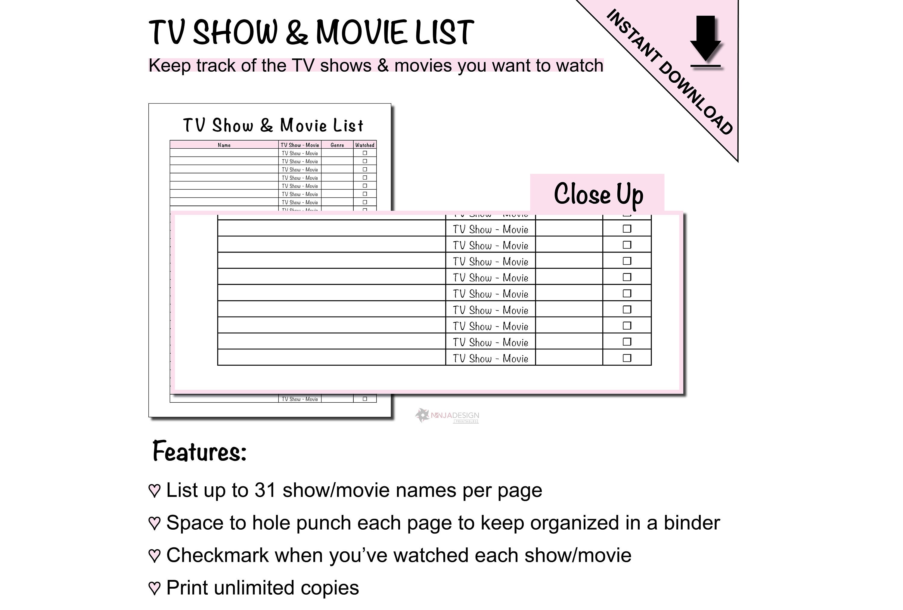 Printable TV Show and Movie List Tracker for Shows and Movies You Want ...