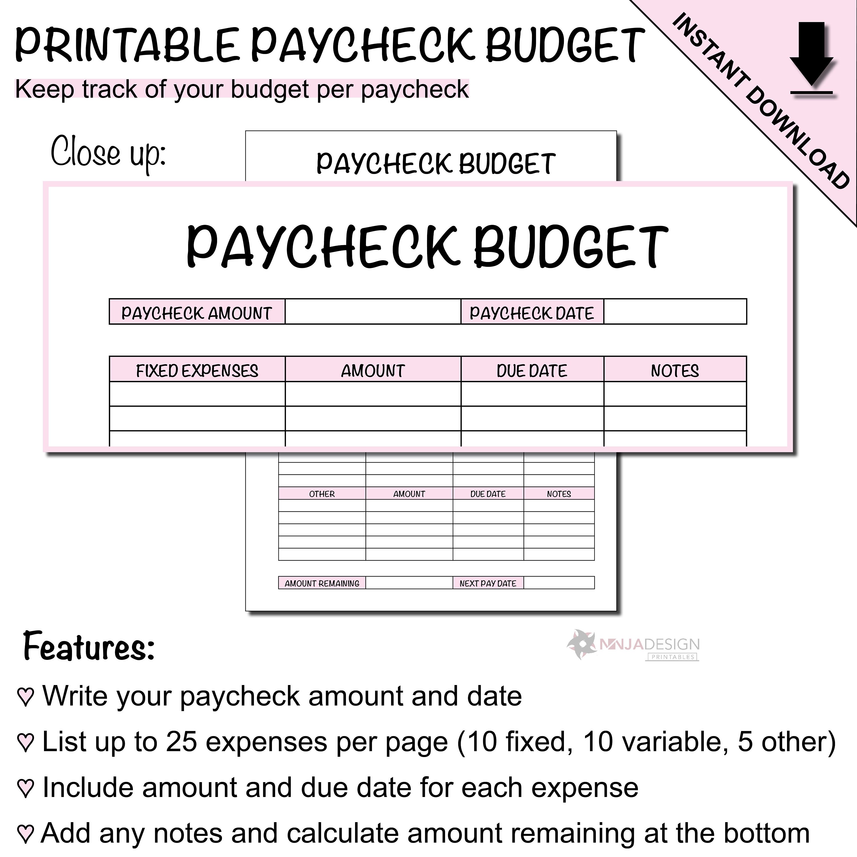 Printable Paycheck Budget Tracker Sheet to Calculate Budget - Etsy
