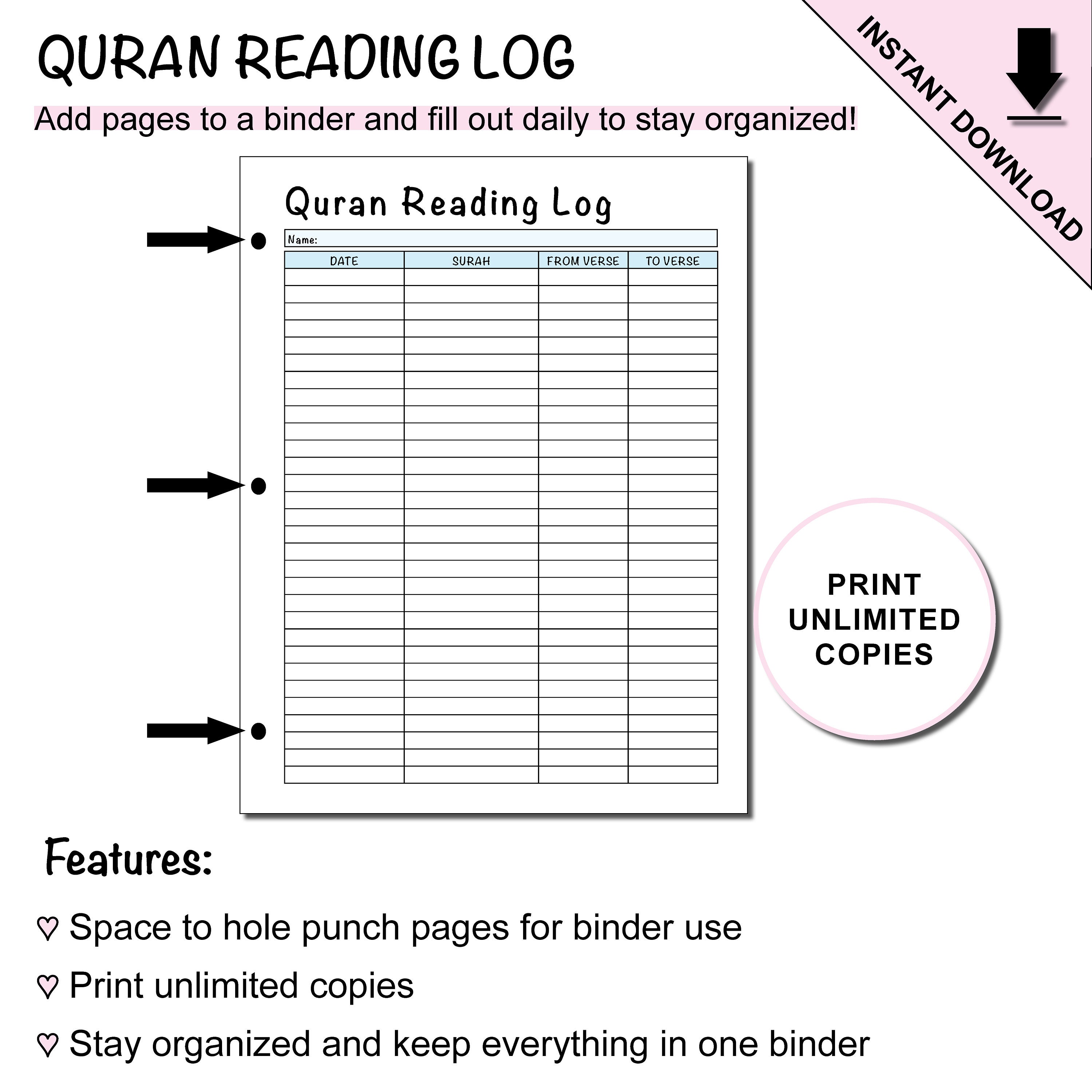 Printable Quran Reading Log to Track Verses of Surahs Read - Etsy